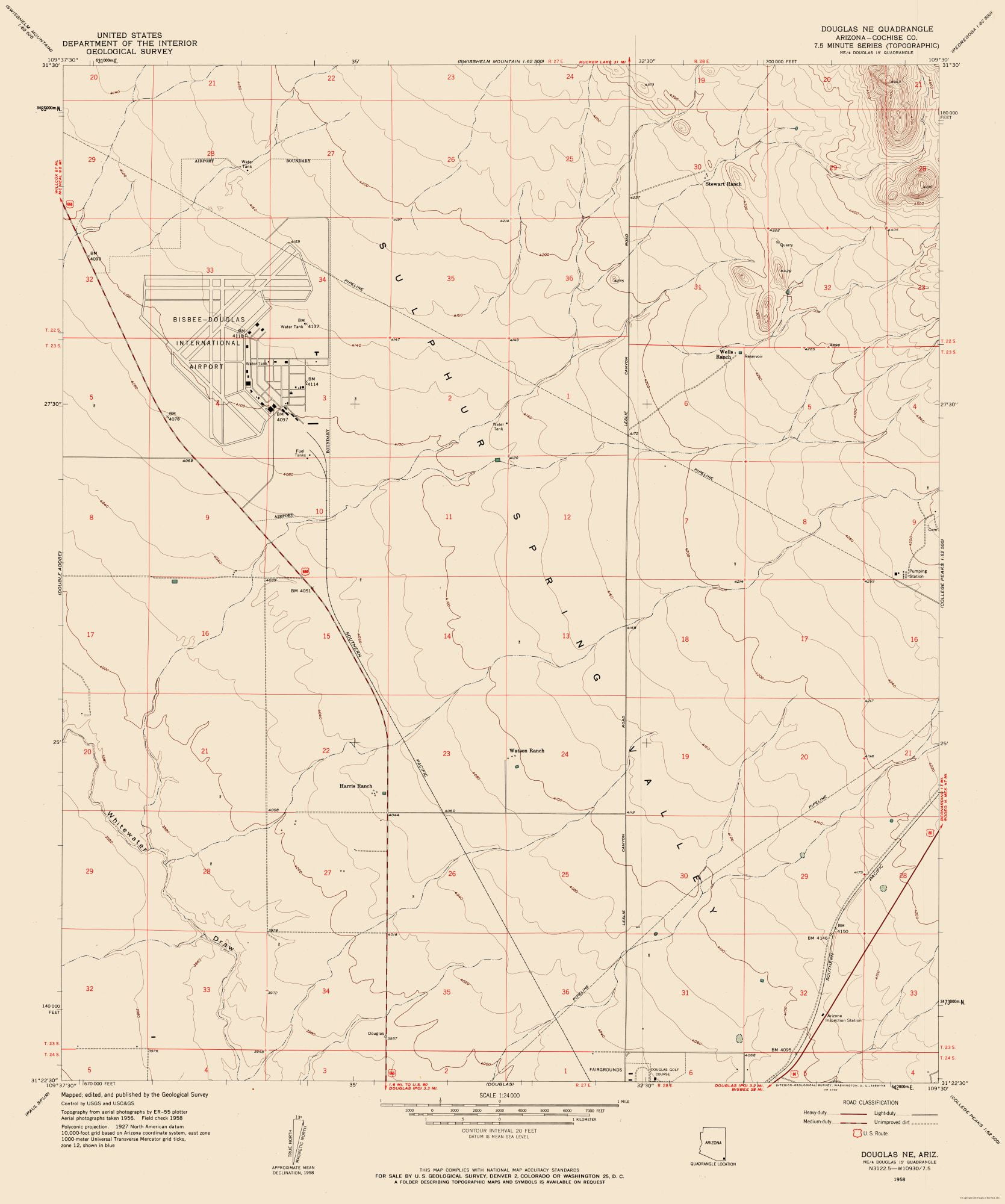 Topo Map - North East Douglas Arizona Quad - USGS 1958 - 23.00 x 27.56 ...