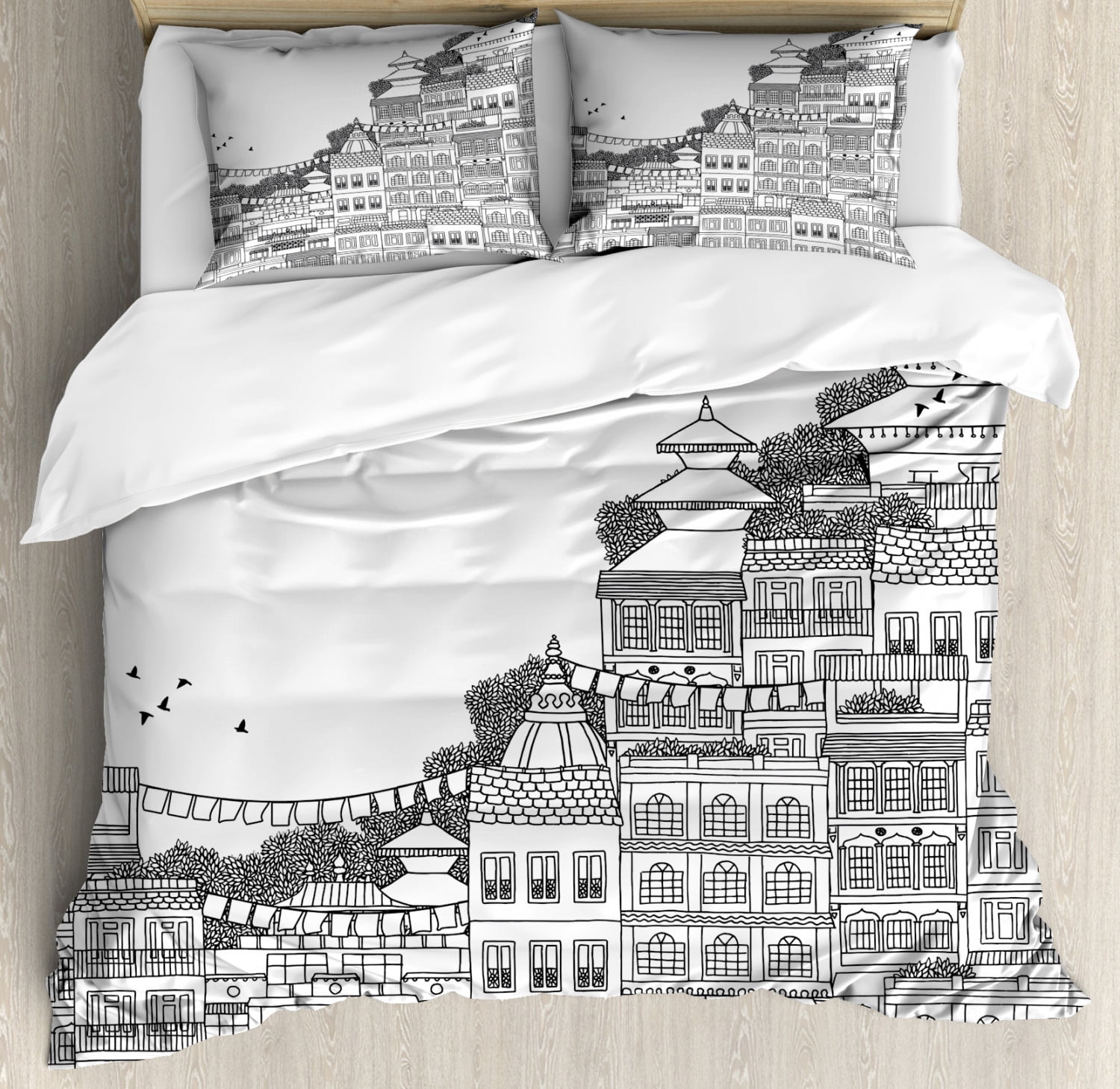 Nepal King Size Duvet Cover Set, Hand Drawn Monochrome Scene from ...