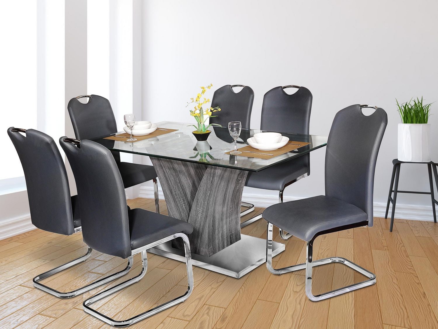 K-Living Lorie 7PCS Dining Set with Rectangle Tempered Glass Table with ...