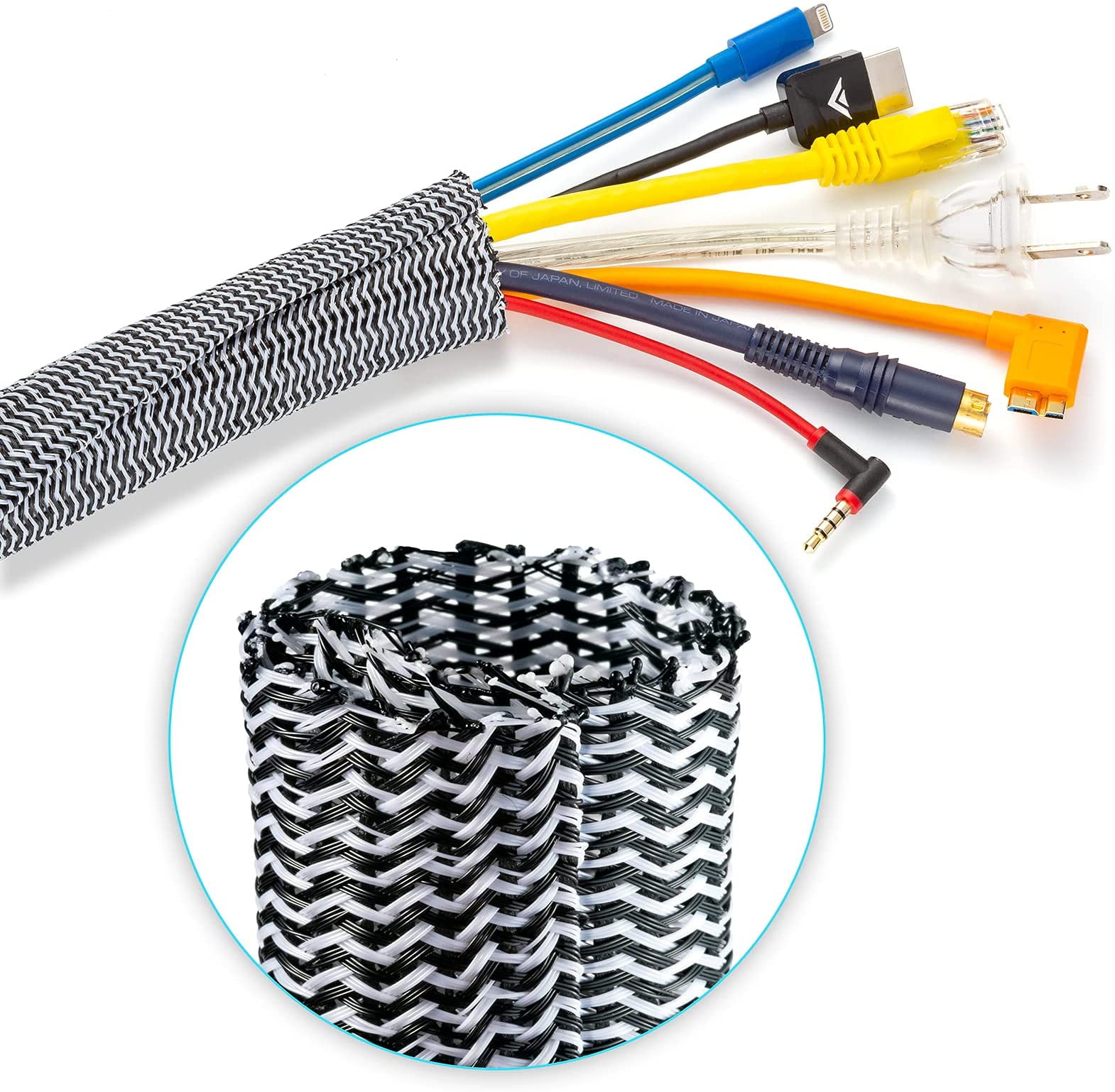 Cable Management Sleeve, 25 ft Long, 1 in. Wide, Mesh Braided Cable ...