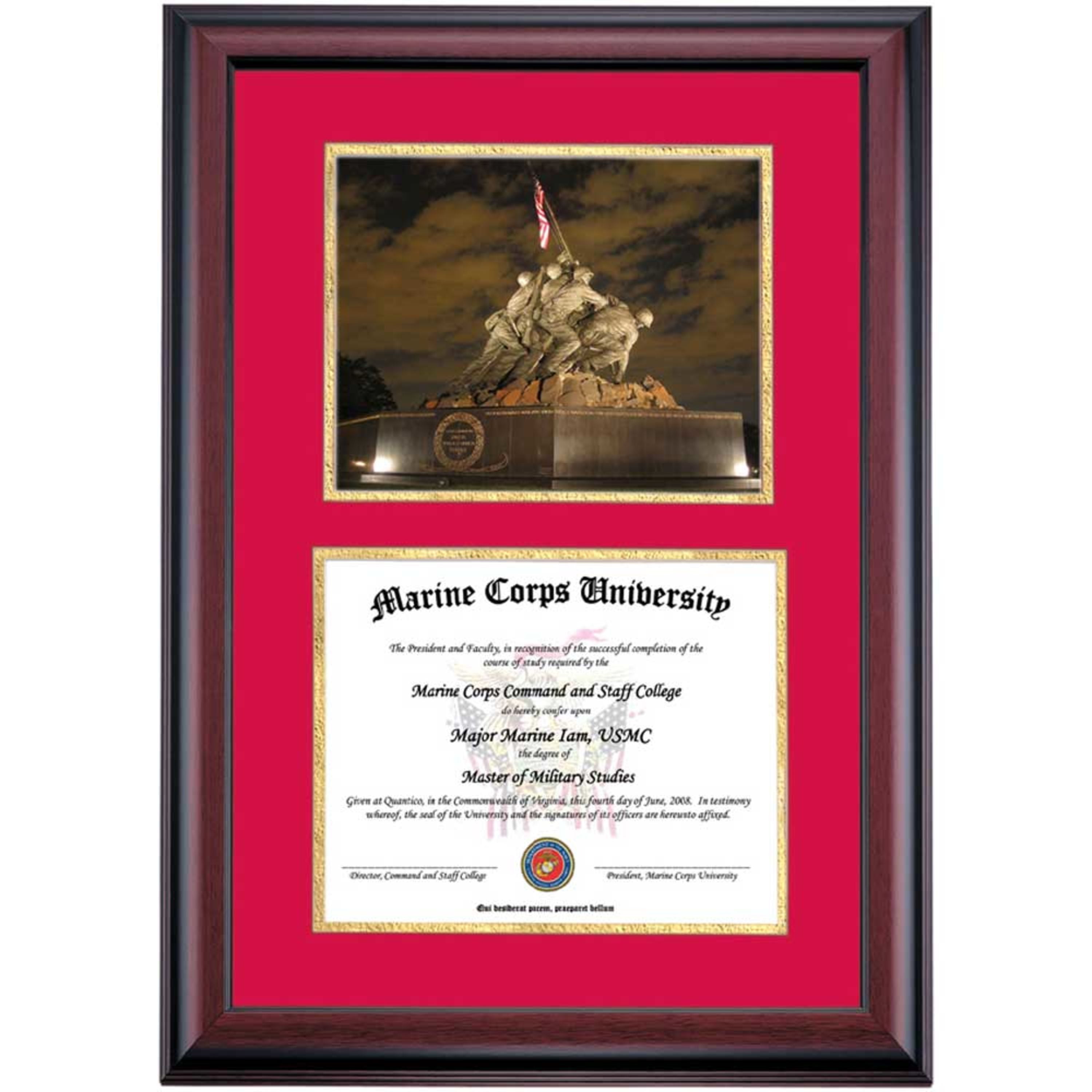 OCM Diploma Frame for Marine Corps University USMCU, Cherry/Gold Mat ...