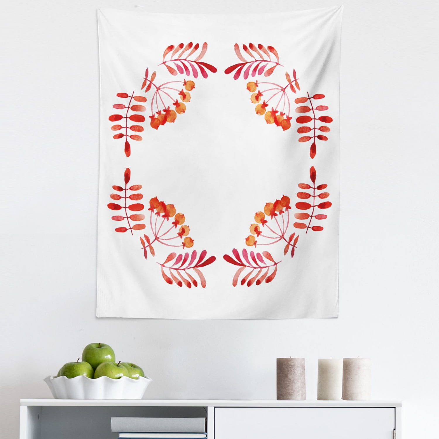 Rowan Tapestry, Watercolor Style Leaves with Fruits Square Frame Design ...