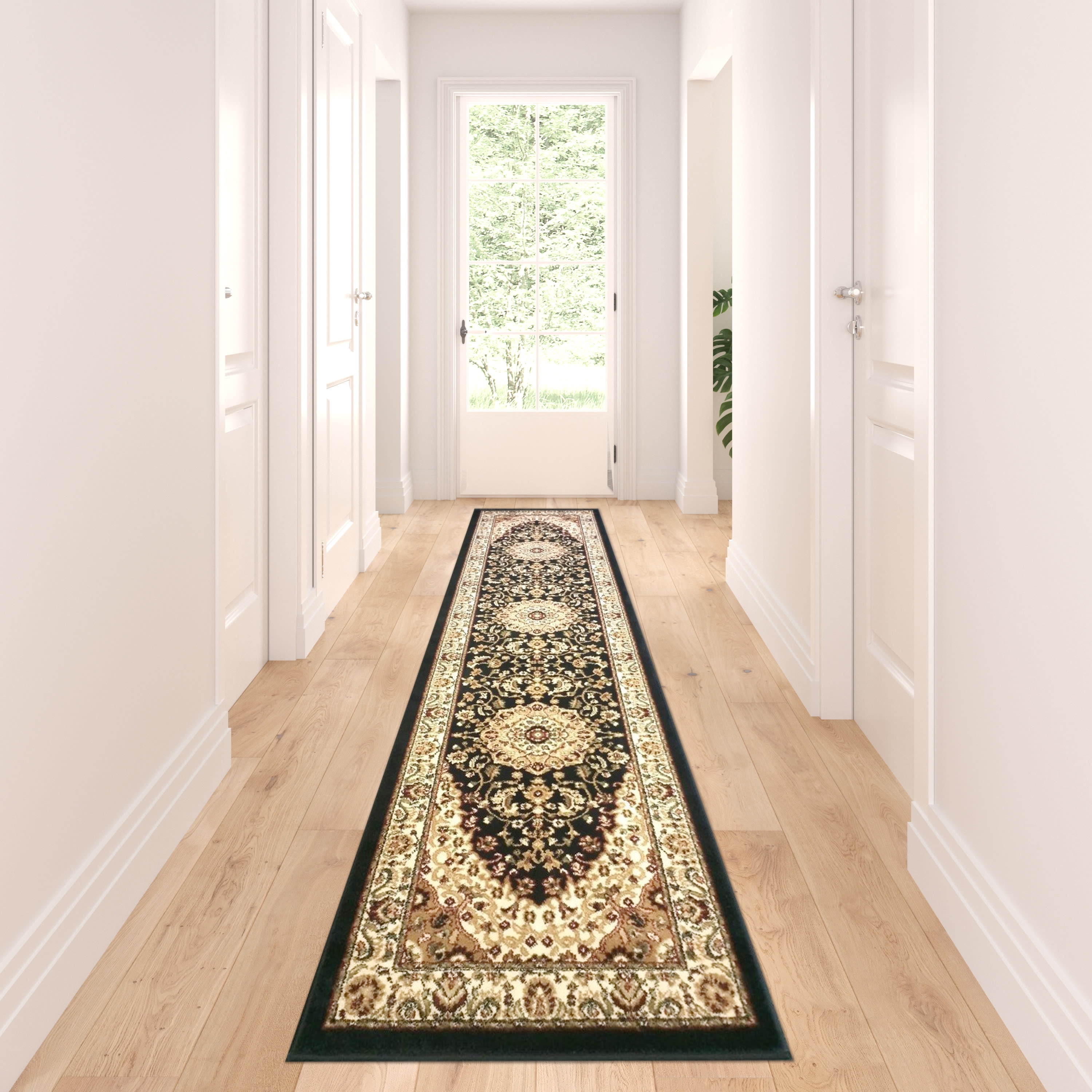 BizChair Traditional Area Rug Runner 32 In. X 10 Ft. Black Bellagio 401 ...