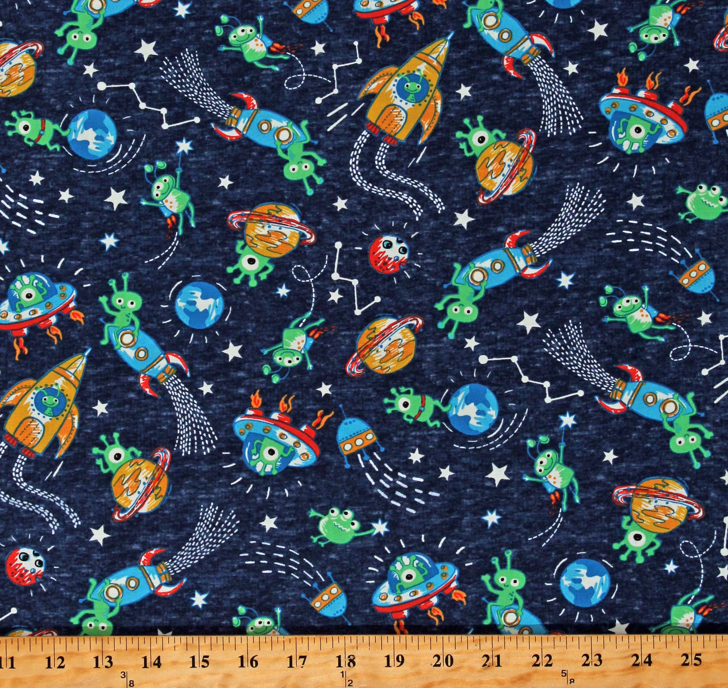 Cotton Aliens Outer Space Rockets Spaceships Planets Monsters Space ...