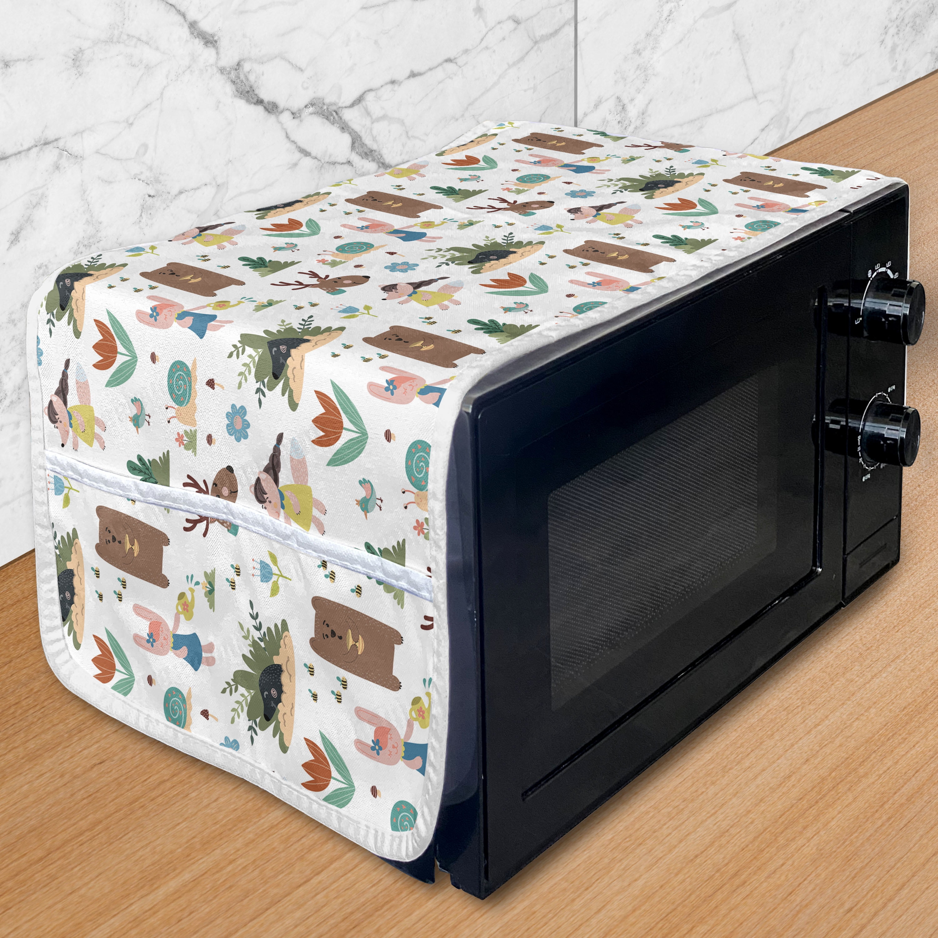 Animal Microwave Oven Cover, Cartoon Style Cheerful Woodland Animals as ...