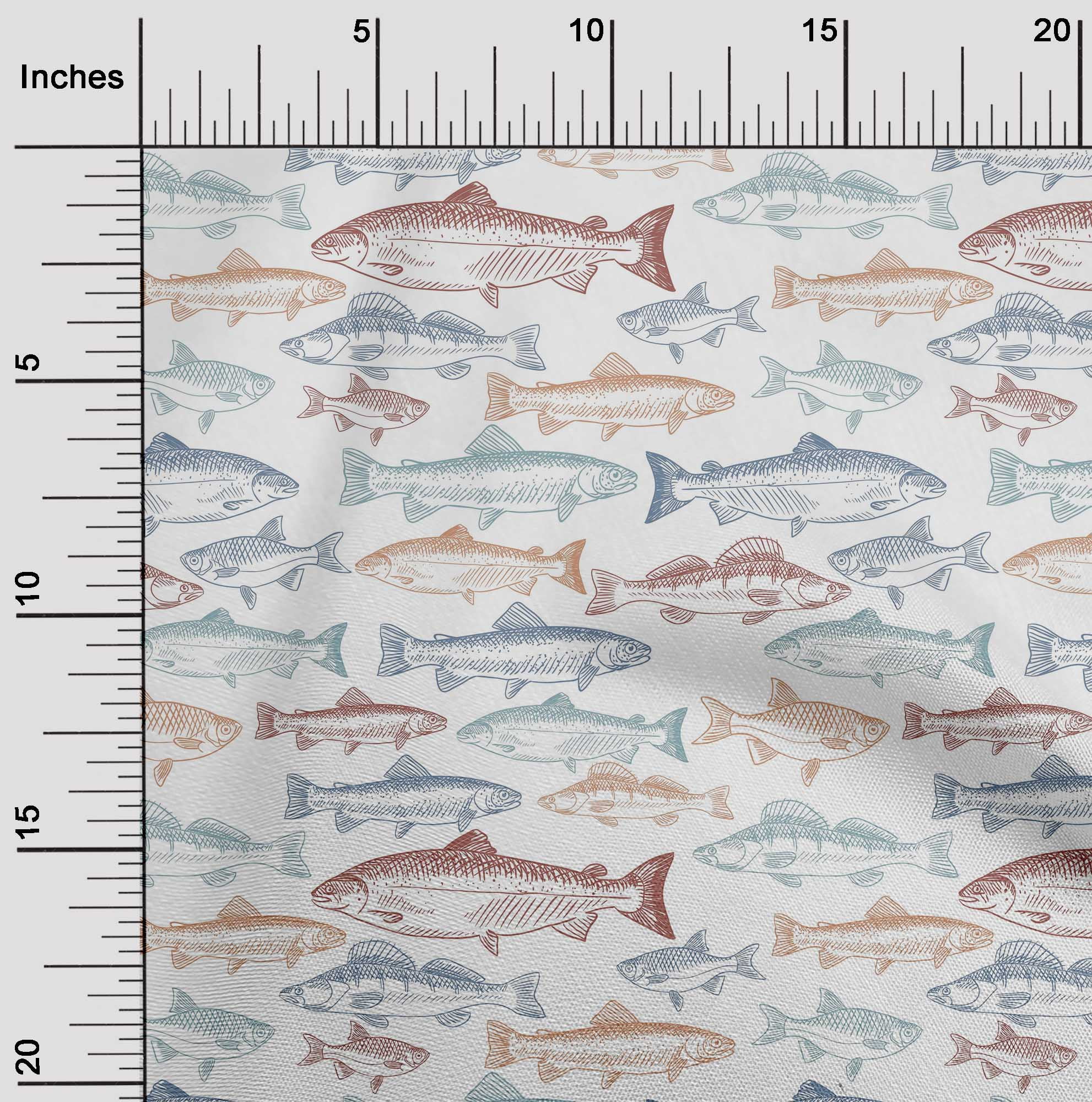 oneOone Silk Tabby White Fabric Fish Ocean Dress Material Fabric Print ...