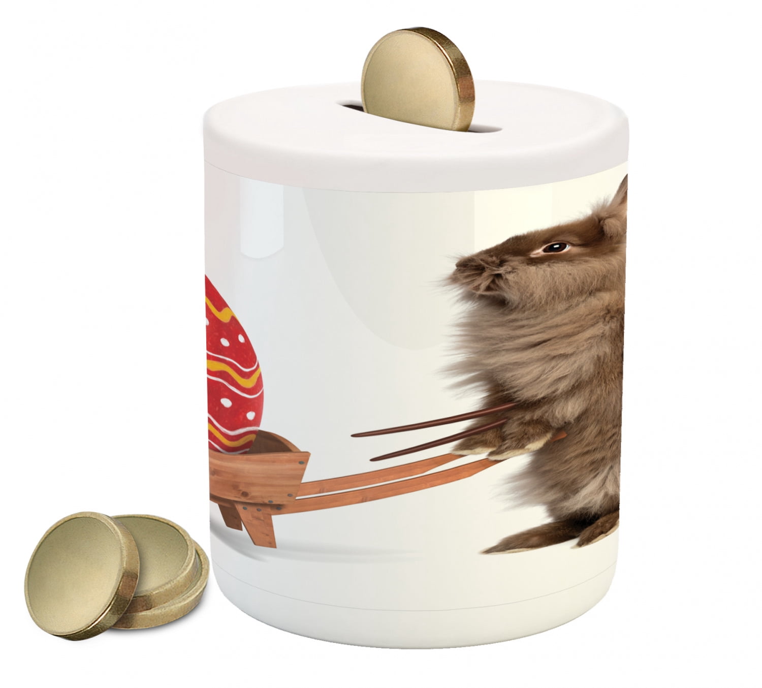 Easter Piggy Bank, Easter Rabbit with Brushes and a Painted Egg in a ...