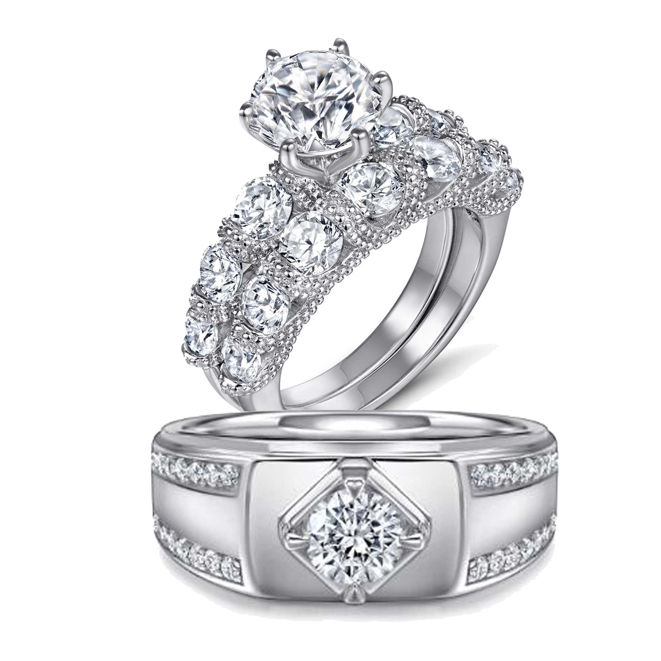 Two Rings Wedding Ring Sets His And Hers Couples Women and men S925 ...