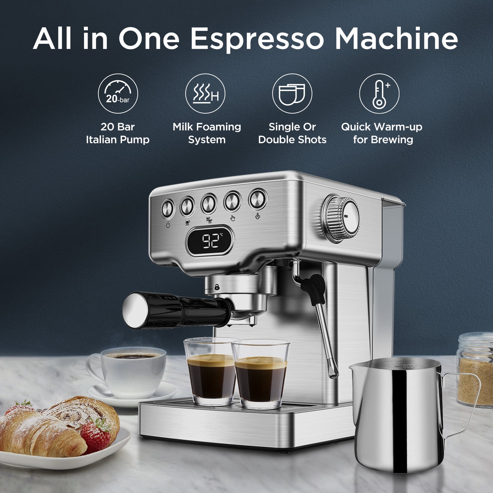 QXDRAGON Silver Stainless Steel 1.8L 20-Bar Espresso Machine 2 Shot ...