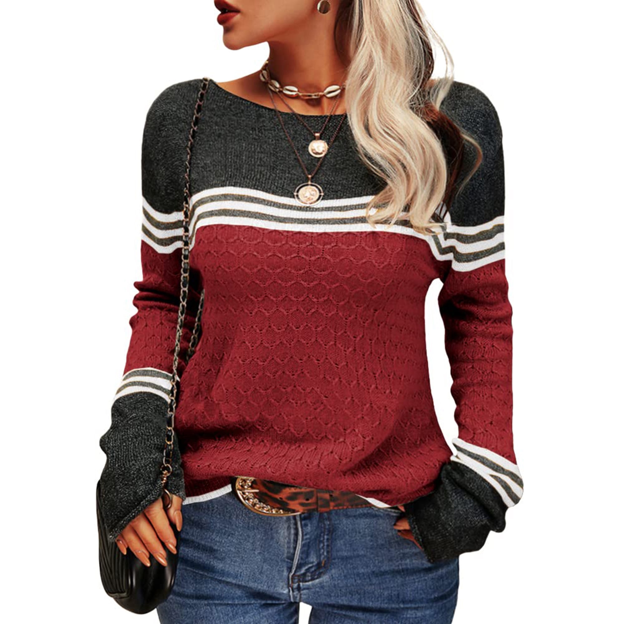 Gemijacka Women Autumn Winter Crew Neck Color Block Pullover Sweaters