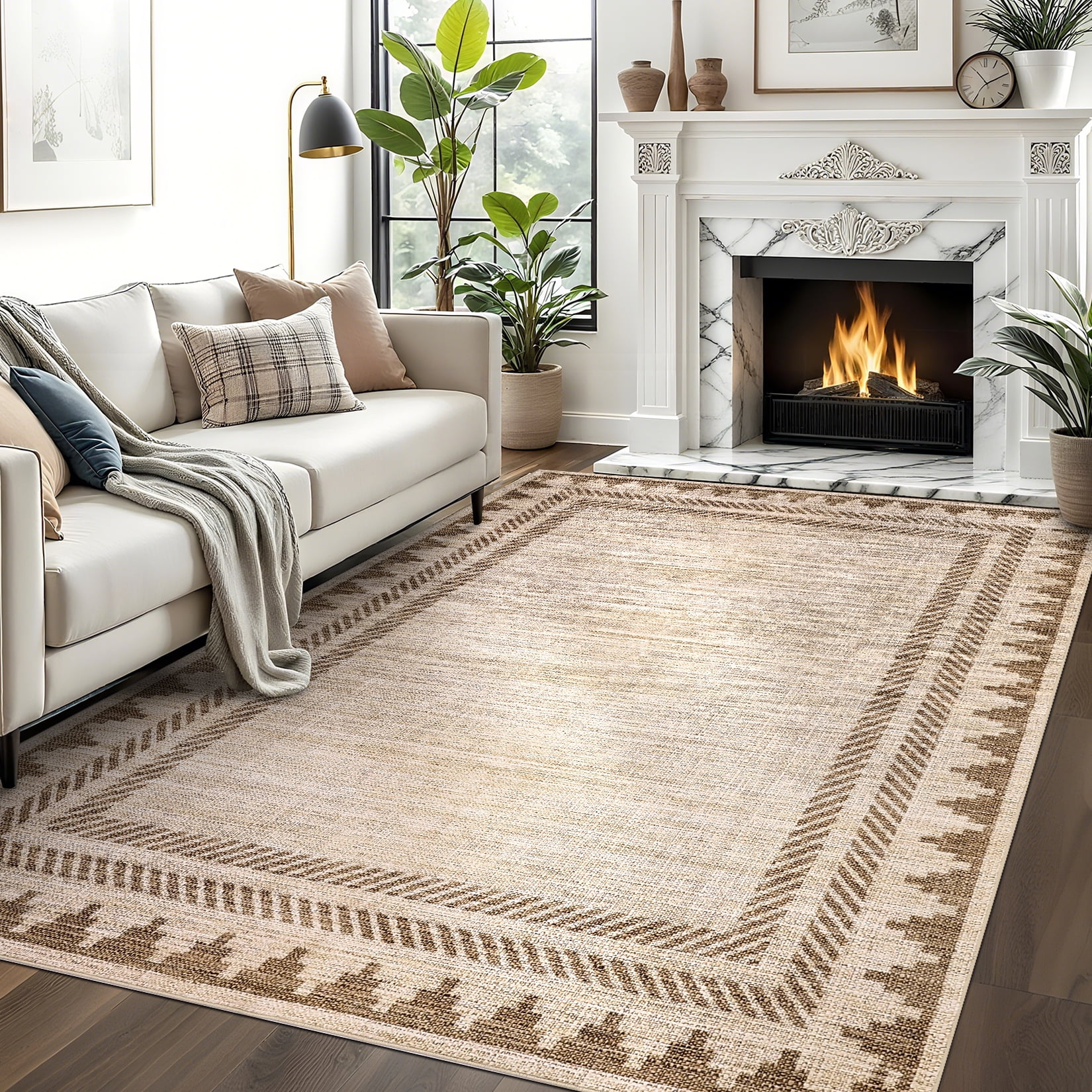 Garvee 5x7 Geometric Bordered Rug Solid Area Rug With Non Slip Backing  Washable Rug Soft Neutral Floor Mat For Living Room Bedroom Dining Room  Brown