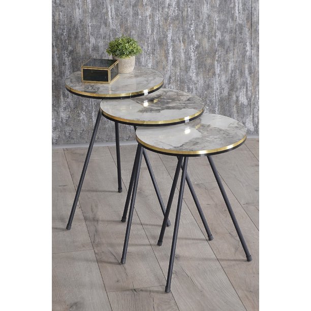 White Marble Nesting Coffee Tables 3 PCS,Round Side Table With Black ...