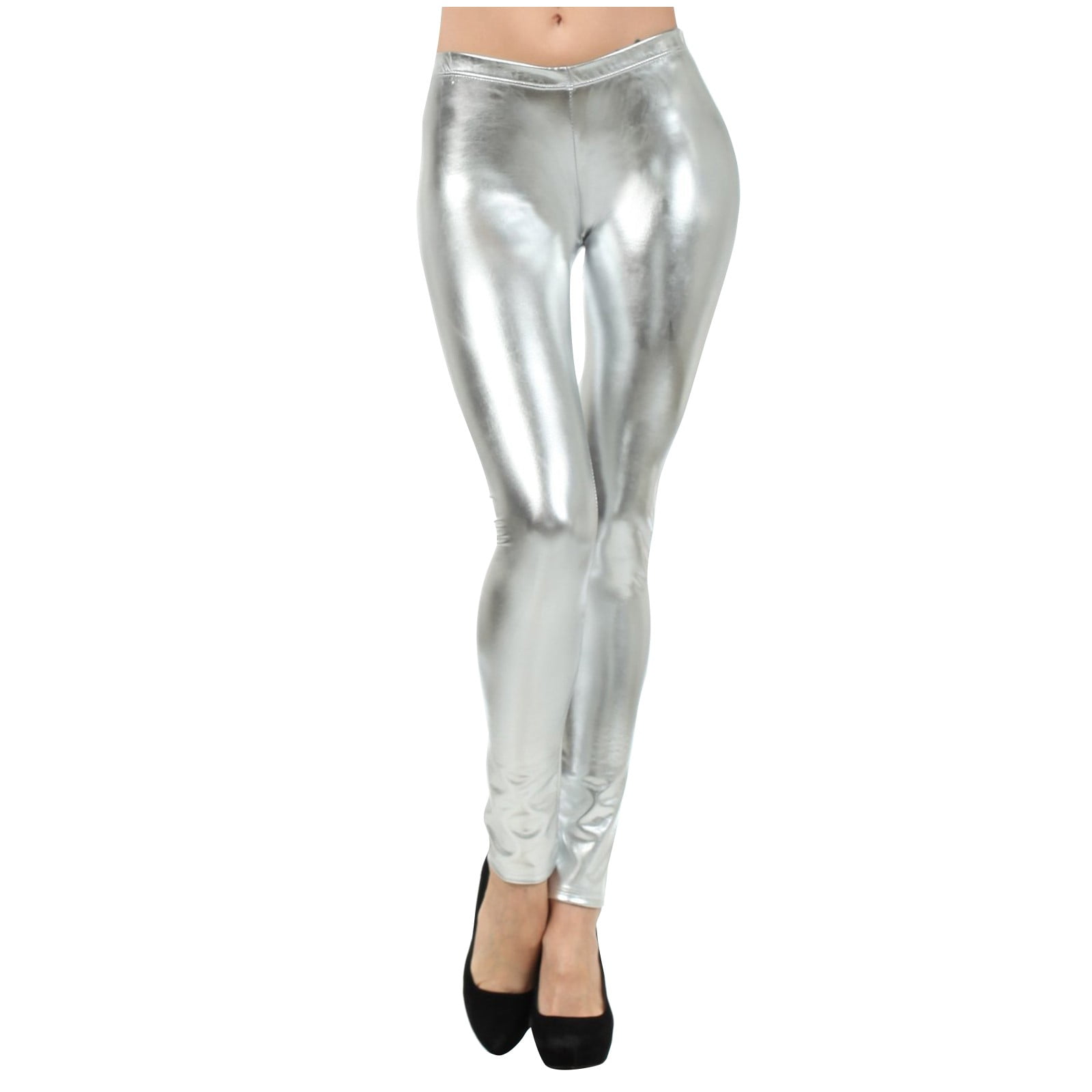 Click here for Zicth Silver Workout Leggings Womens Shiny Faux Le... prices