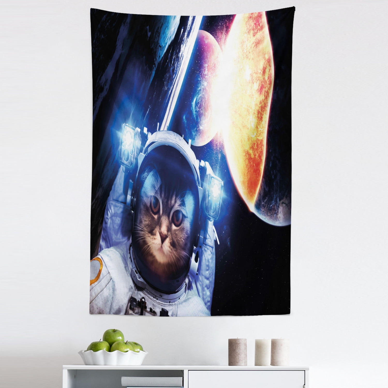 Space Cat Tapestry, Kitten in Suit Planets Nebula Supernova Eclipse Art ...