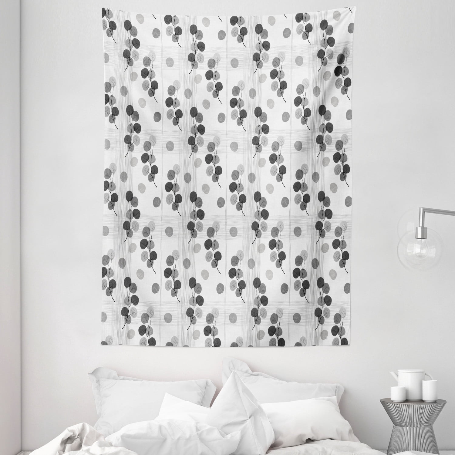 Grey Tapestry, Artisan Circle Shaped Leaf Foliage Branches with Sketchy ...