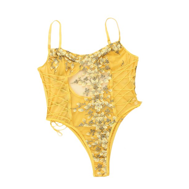 Wsevypo Womens Floral Embroidered Mesh Teddy One Piece Lingerie