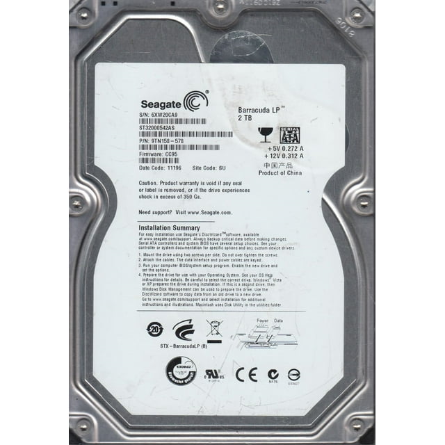 ST32000542AS, 6XW, SU, PN 9TN158-578, FW CC95, Seagate 2TB SATA 3.5 ...