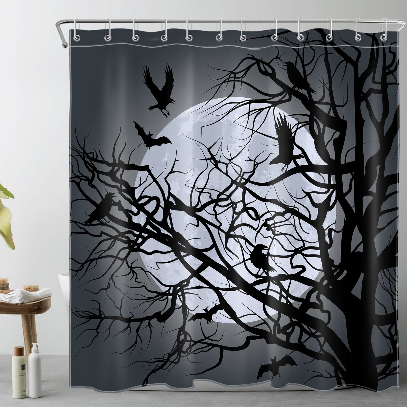 Hvest Halloween Shower Curtain For Bathroom Scary Crow And Bat On Dead