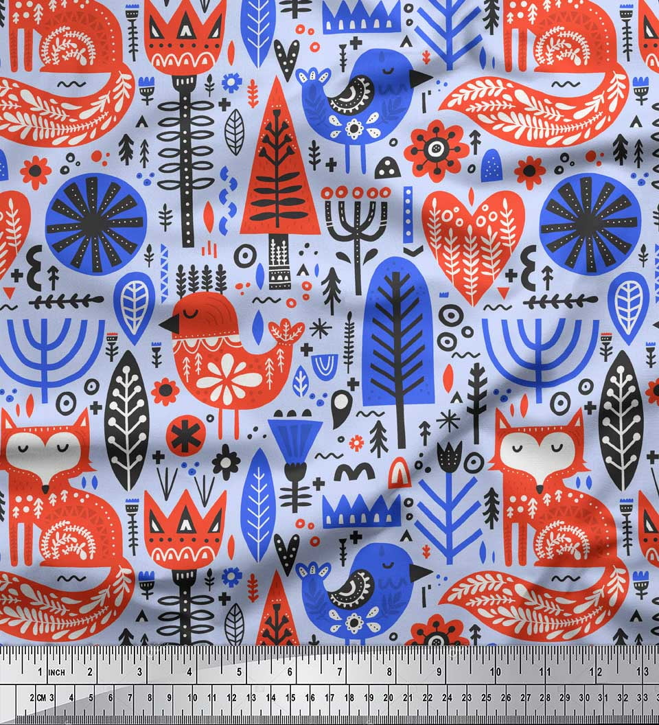 Soimoi Blue Cotton Poplin Fabric Tree & Fox Folk Art Print Fabric by ...