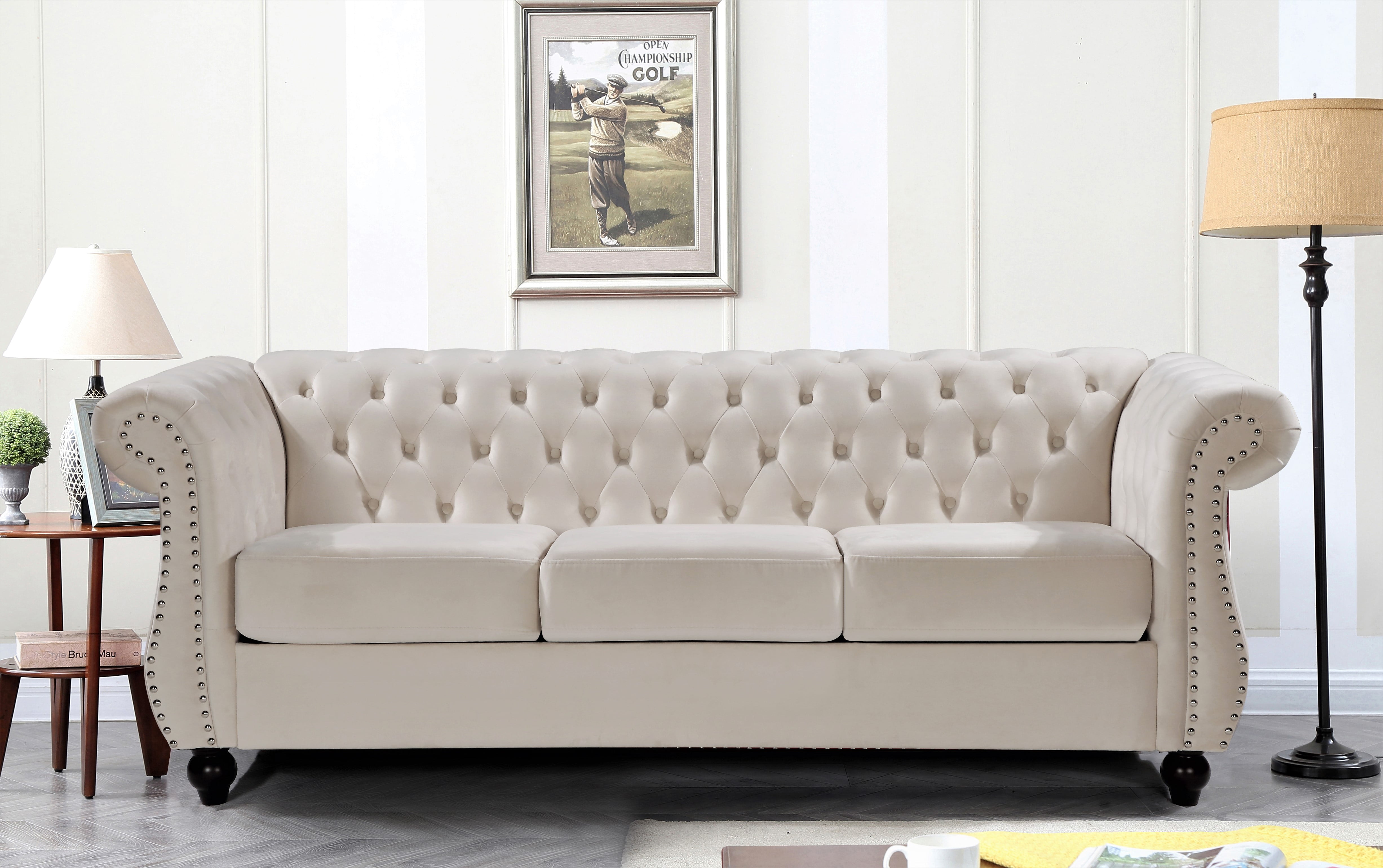 Uspridefurniture Fender 82.6'' Velvet Rolled Arm Sofa,Beige - Walmart.com