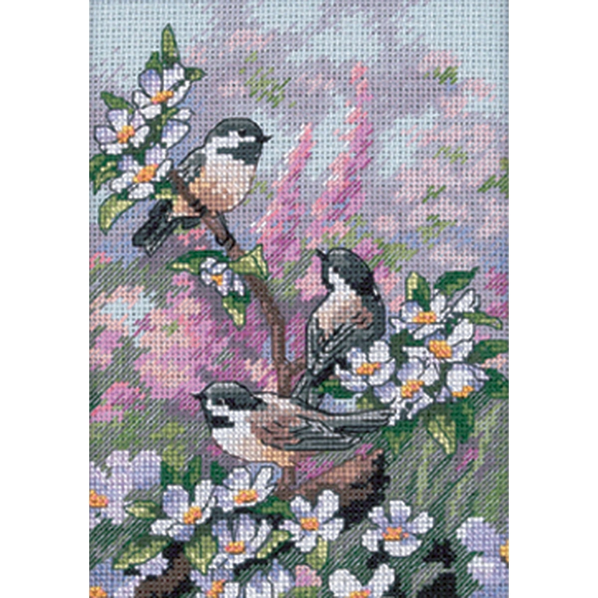 Gold Petite Chickadees In Spring Counted Cross Stitch Kit 5x7 16 Count gold-petite-chickadees-in-spring-counted-cross-stitch-kit-5x7-16-count