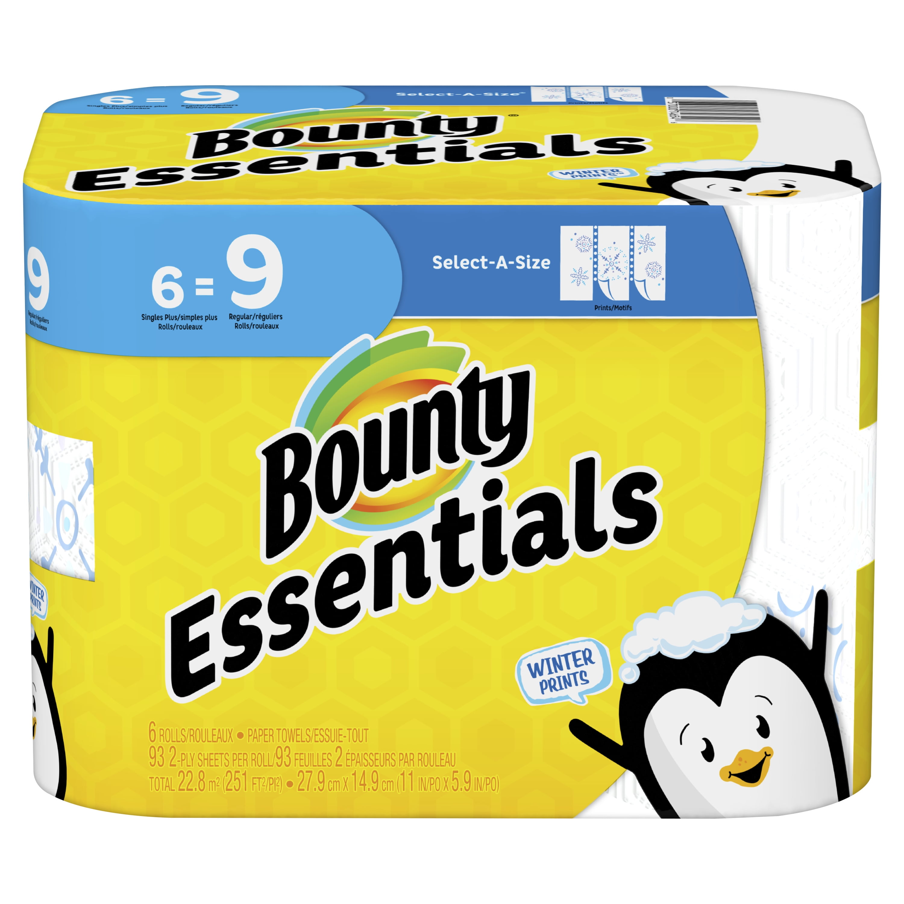 Bounty Essentials Paper Towels, Winter Print, 6 Single Plus Rolls = 9 ...