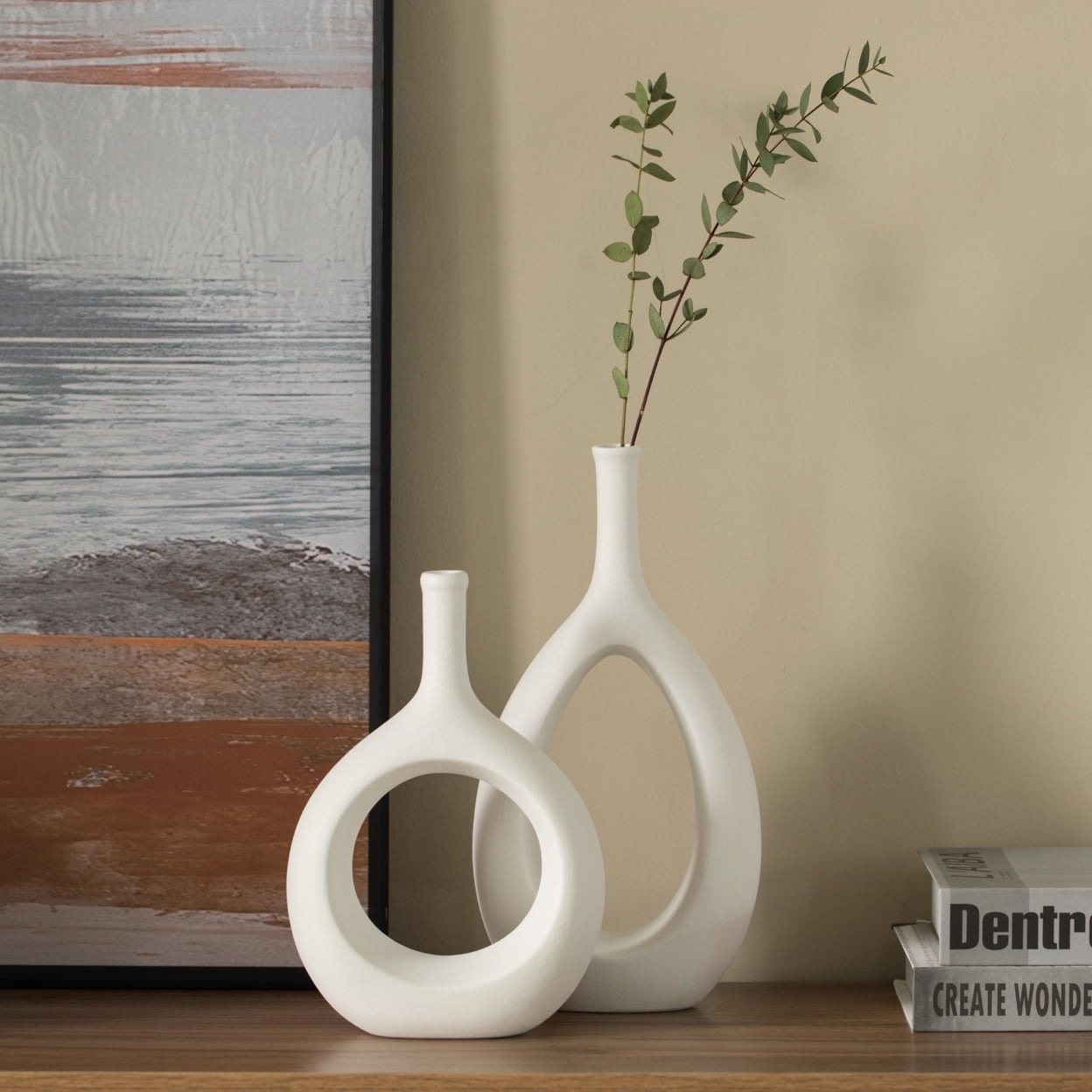 Contemporary White Ceramic Unique Shaped Flower Table Vase Centerpiece ...