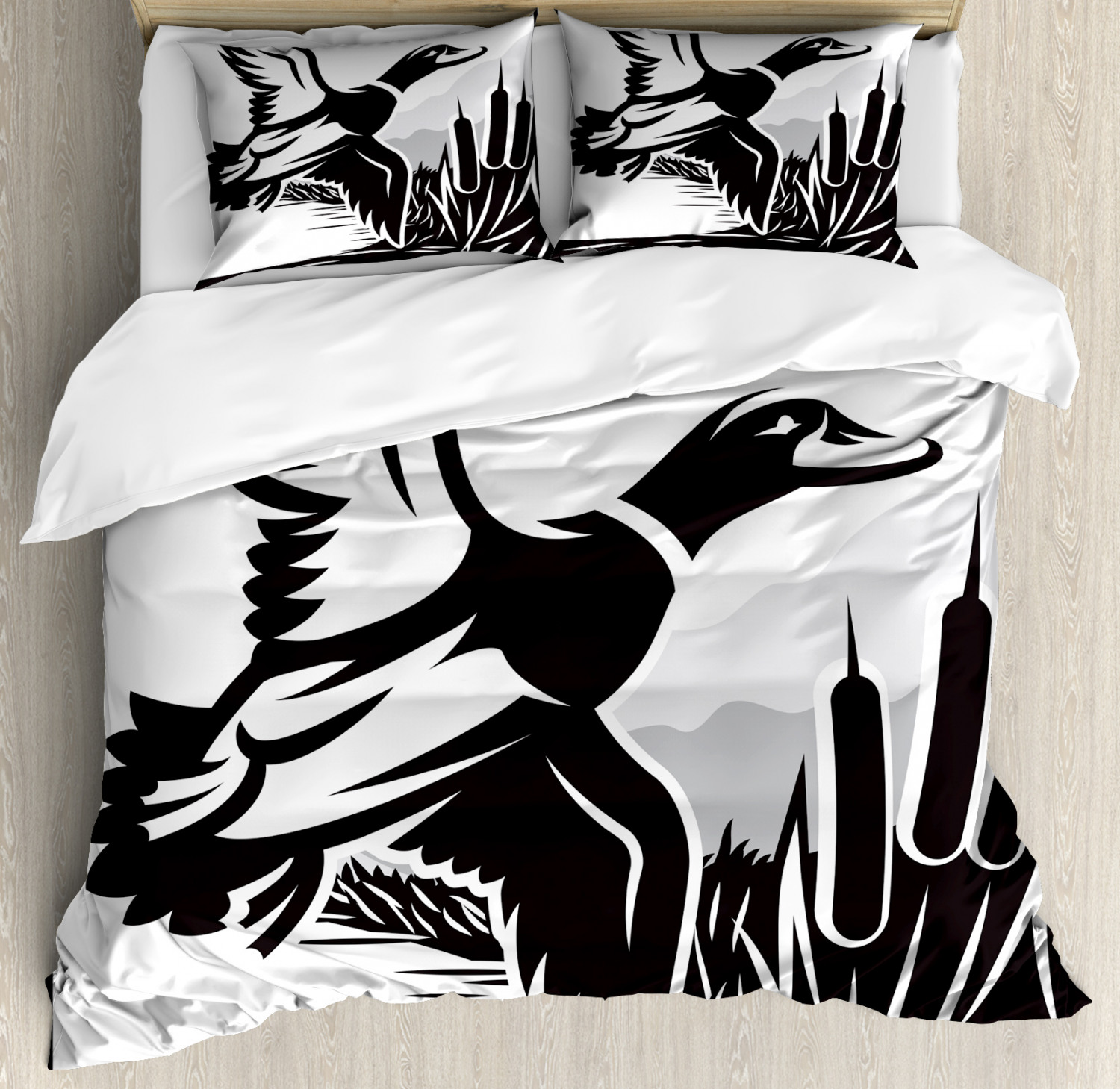 Duck Hunting Duvet Cover Set King Size, Bold Monochrome Computer ...