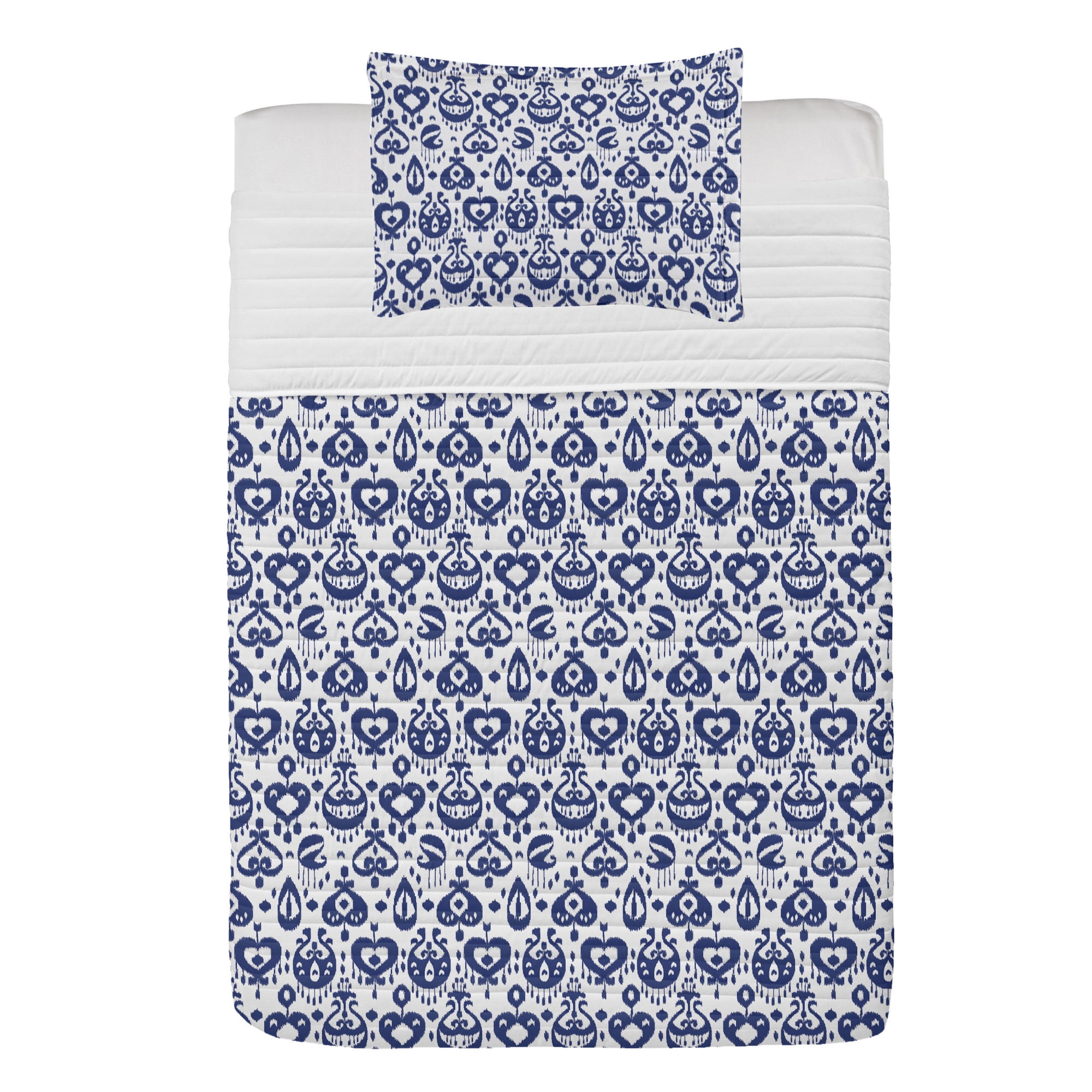 Navy Blue Microfiber Bedspread Set, Traditional Ikat Pattern Retro ...