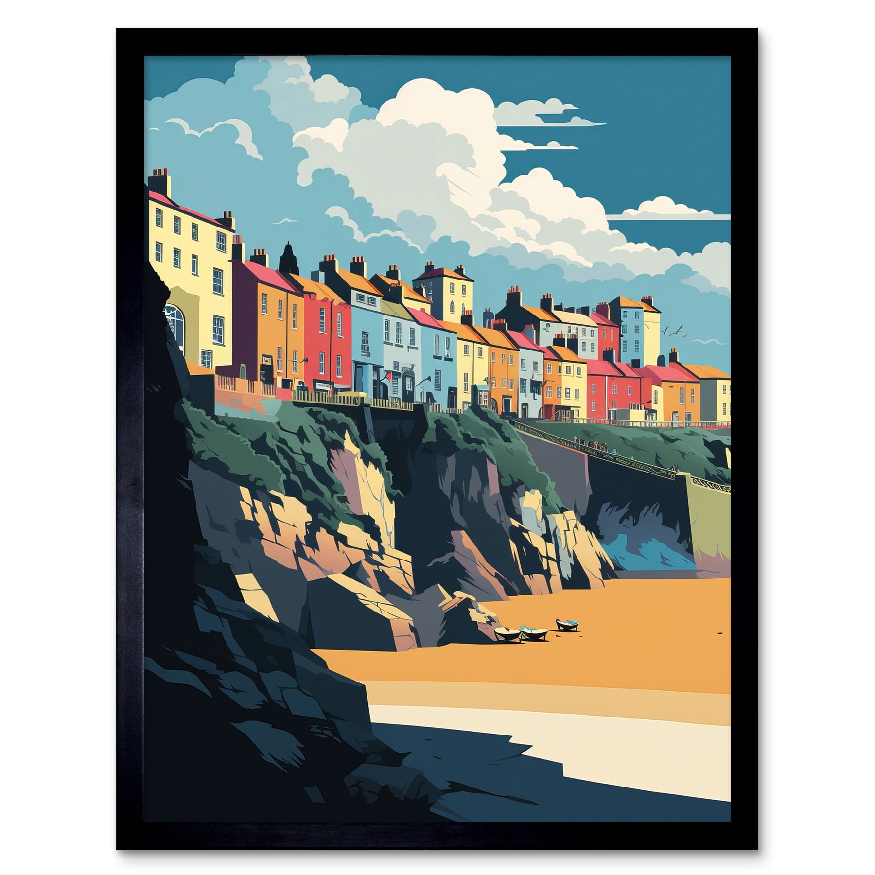 Tenby Harbour Beach Coastal Town Illustration Art Print Framed Poster ...