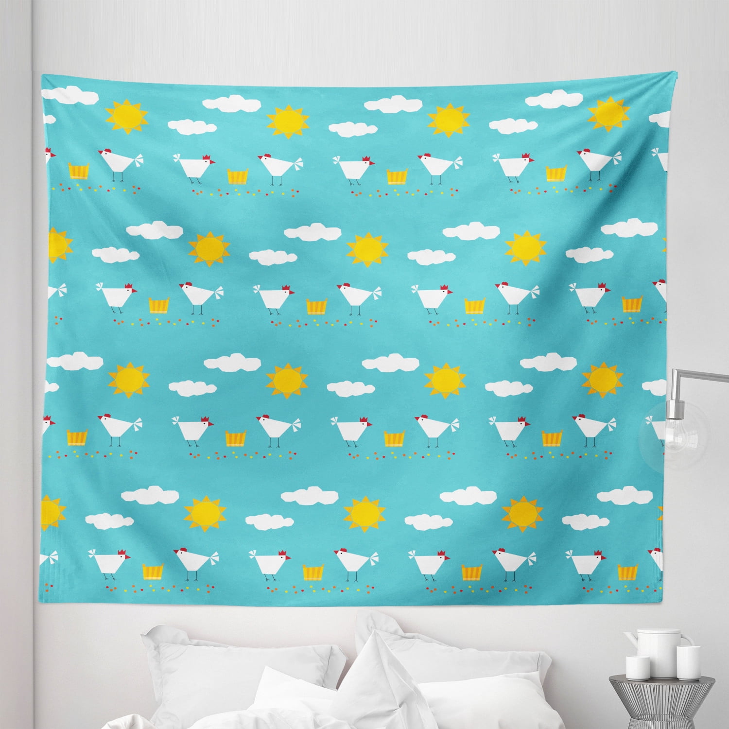 Cartoon Tapestry, Happy Funny Farm Morning Theme with Clouds Sun ...