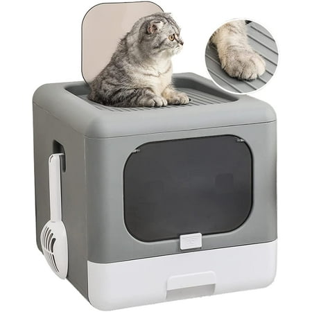Foldable Cat Litter Tray,Fully Enclosed Cat Litter Box with Front Entry ...