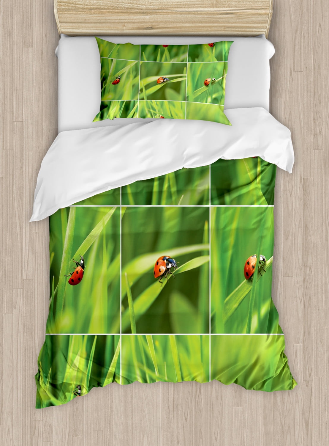 Ladybug Duvet Cover Set Twin Size, Ladybug over Fresh Grass Divided ...