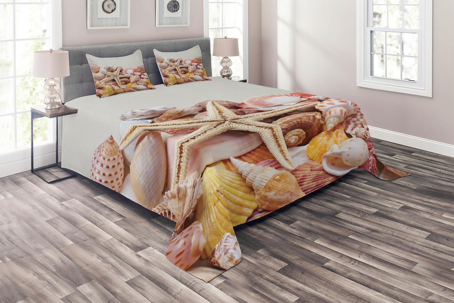 Ambesonne Ocean Quilted Coverlet 3 Pcs, Pile of Seashells Beach, King ...