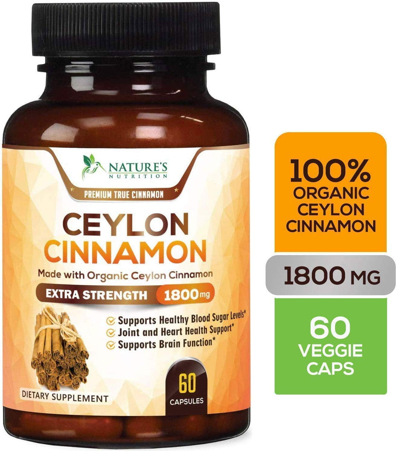 Nature's Nutrition Cinnamon Capsules Organic True Ceylon Pills, 1800 mg ...