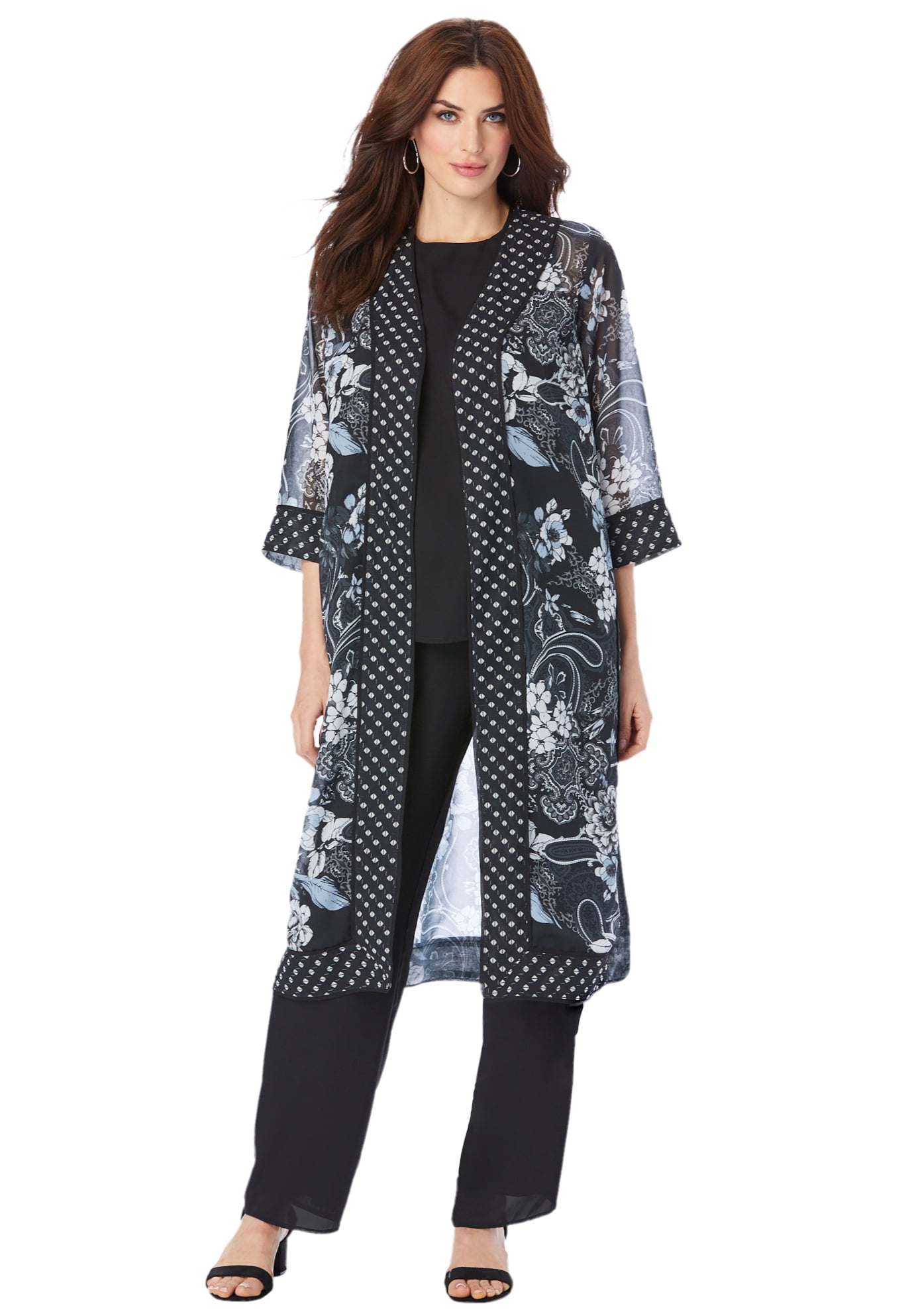 Roamans Womens Plus Size Three Piece Duster And Pant Suit Formal Sheer Duster Pull On Wide Leg
