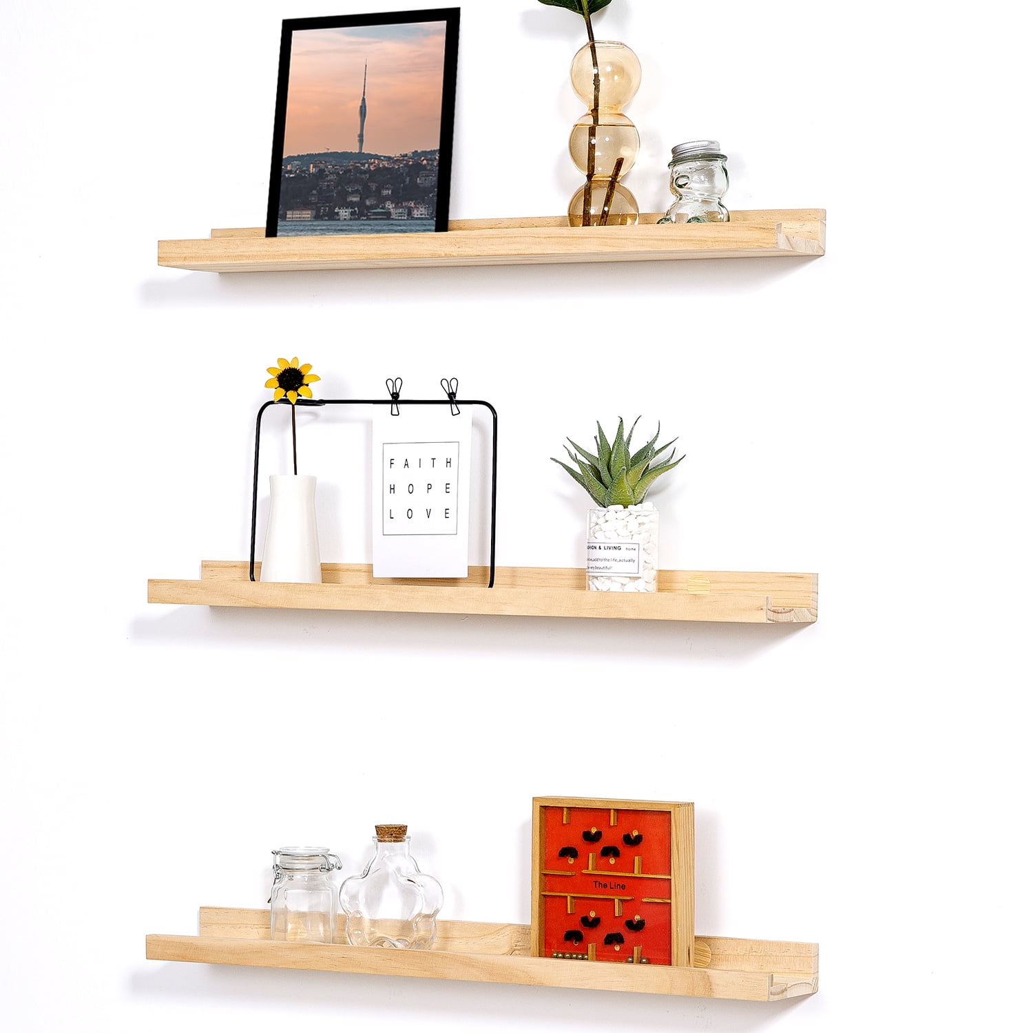 Natural Wood Wall Mounted Shelves 24 Inch Floating Wall Book Shelf ...