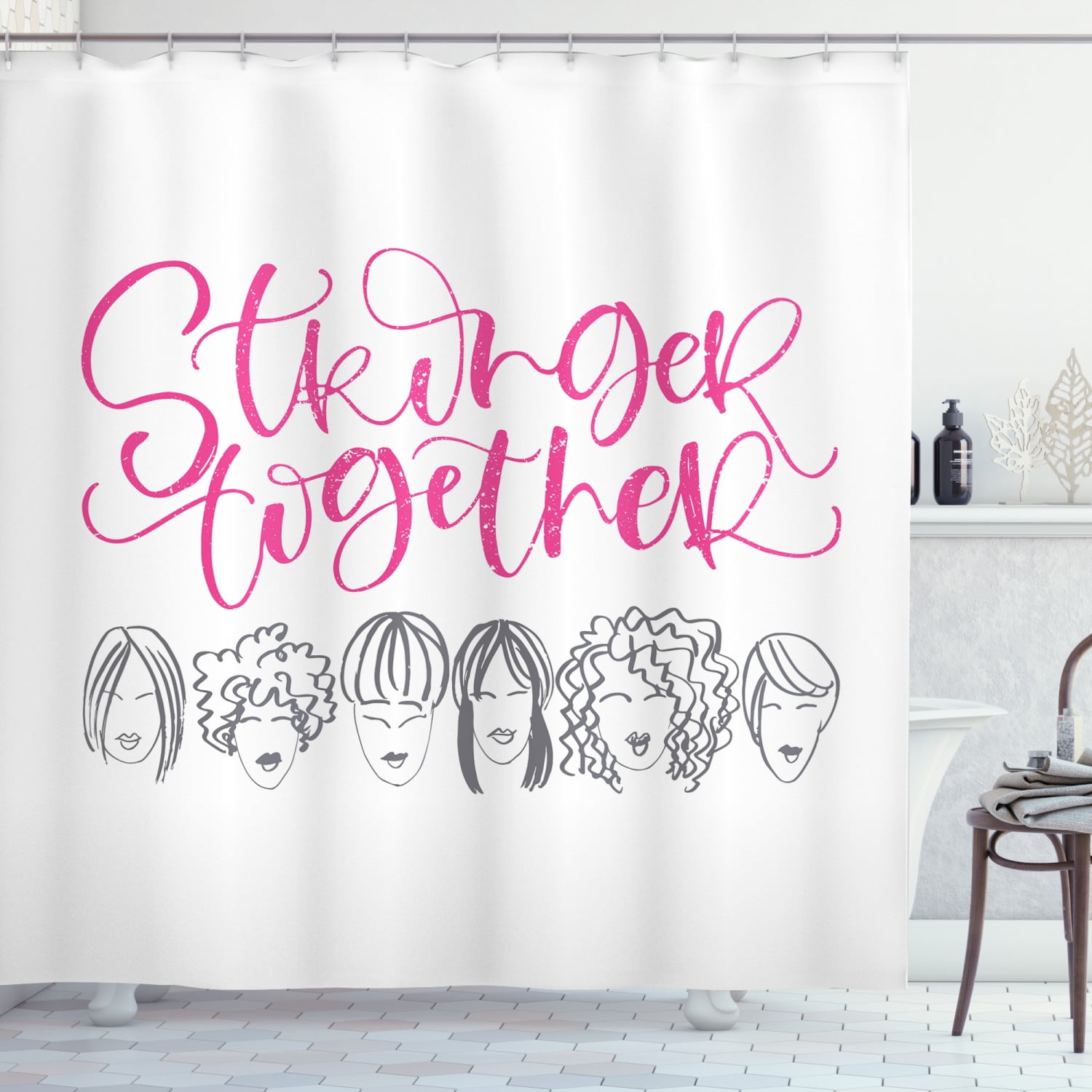 Feminist Shower Curtain, Stronger Together Calligraphy with Sketch ...
