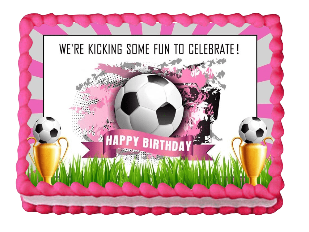Pink Soccer Edible Image Happy Birthday Girl Edible Cake Topper For 1/4 ...