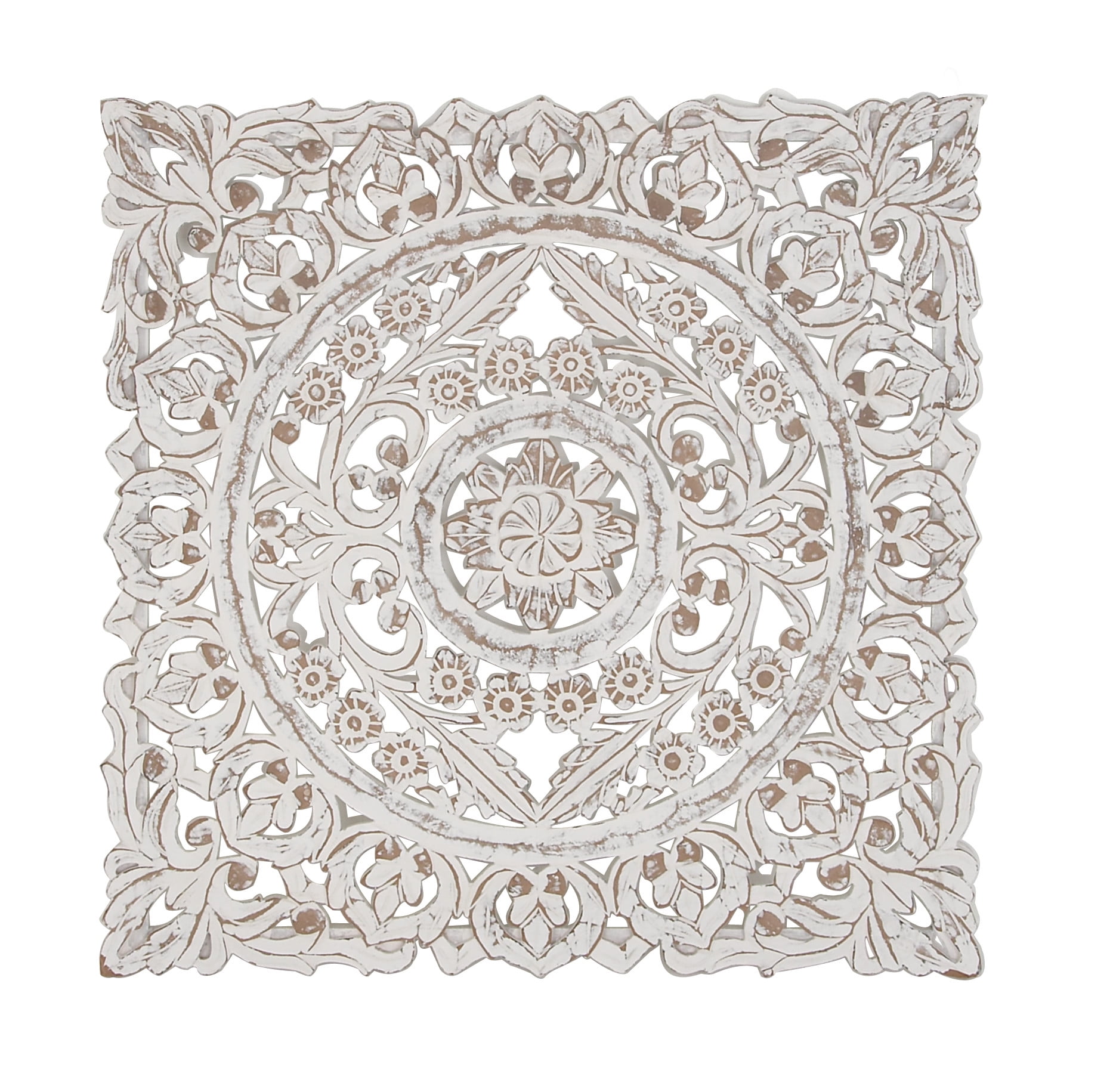 DecMode Traditional Wood Square White Handmade Wall Décor with Carved ...