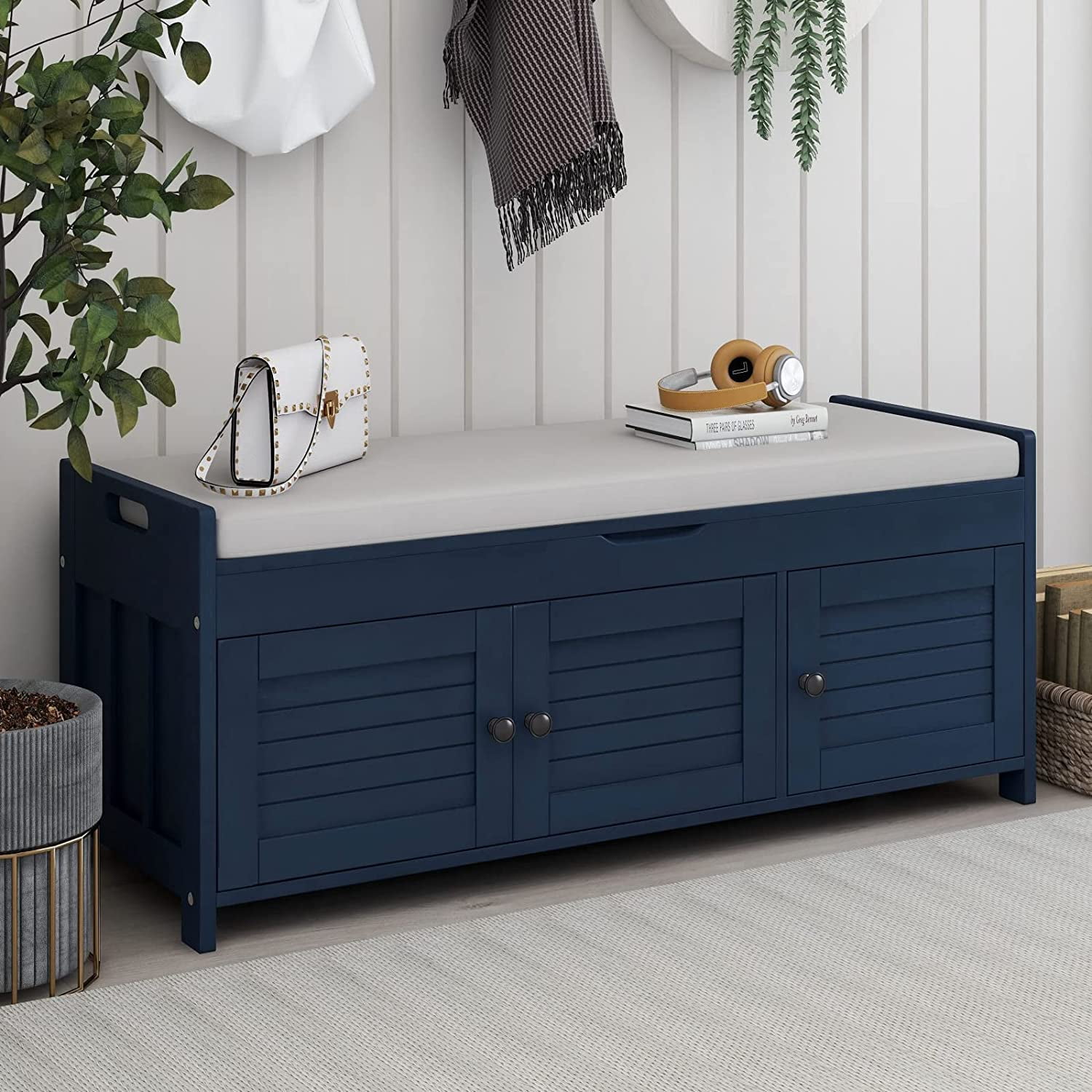 AngLink Storage Bench Entryway Storage Bench with 3 Shutter-Shaped ...