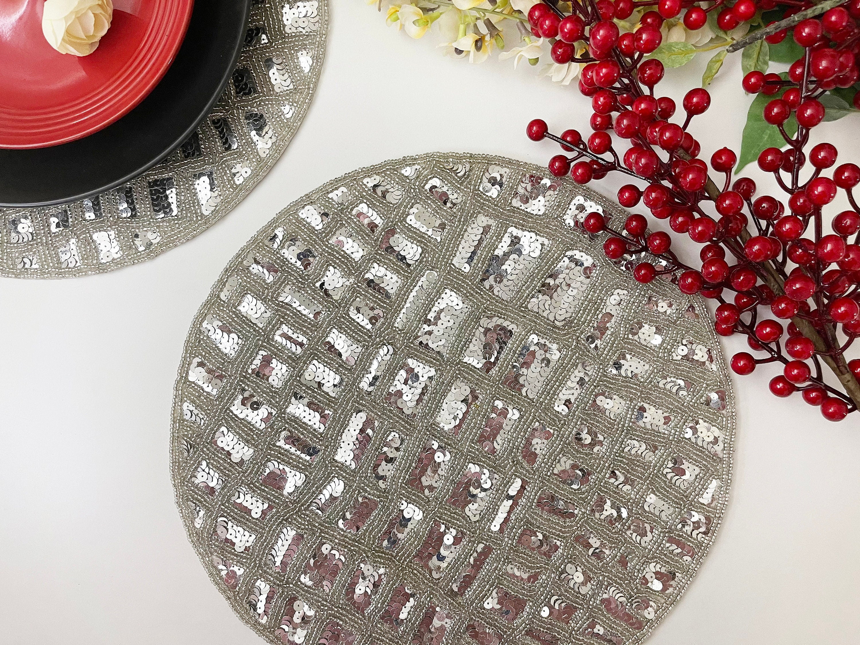 Set of 6, Handmade beaded sequin placemat, table mats, 14 inch, silver ...