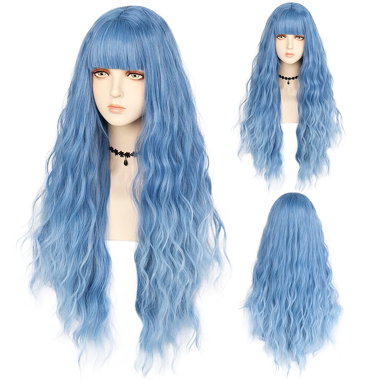 Blue wig with bangs 28 inches Bob Wig Long Synthetic Wigs Lolita White ...