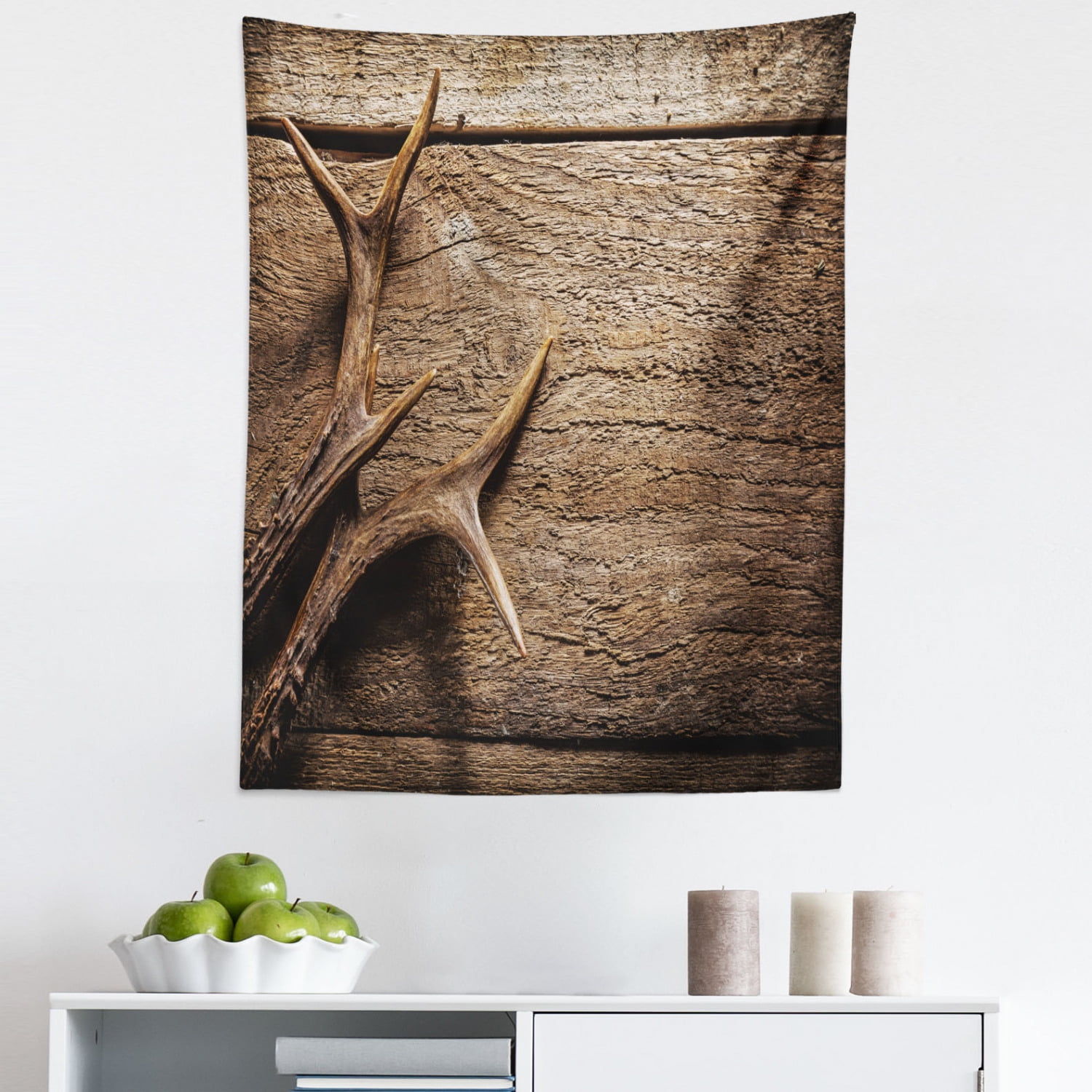 Antlers Tapestry, Deer Antlers on Wood Table Rustic Texture Surface ...