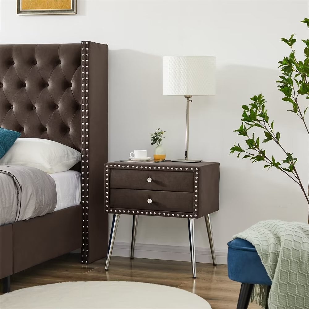 Velvet Nightstand, 2-drawers Bedside Table with Silver Rivet Decor and ...