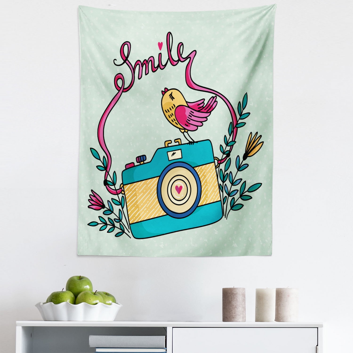 Camera Tapestry, Love Bird Chirping on Top of Vintage Old Photo Machine ...