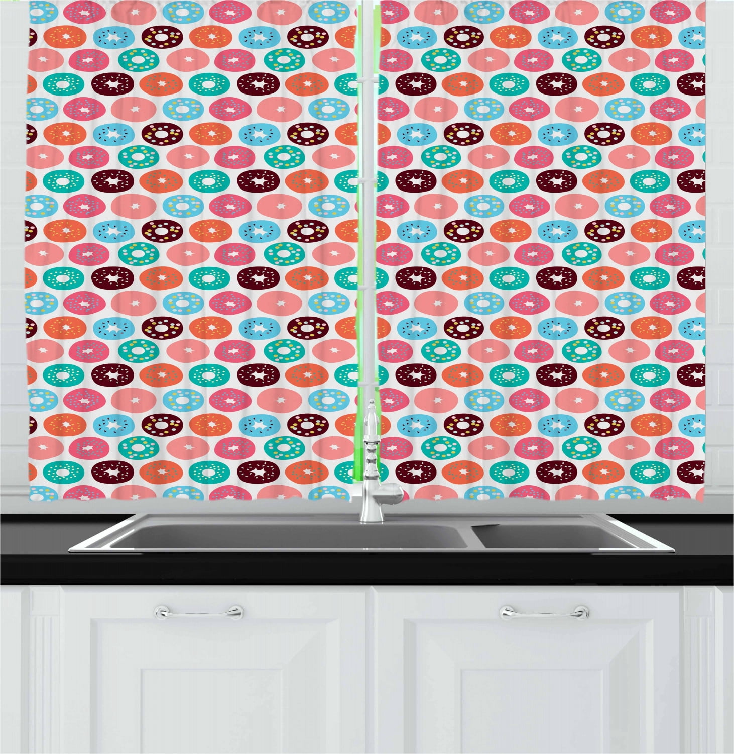 Donut Curtains 2 Panels Set, Doughnuts and Macarons Colorful Graphic ...