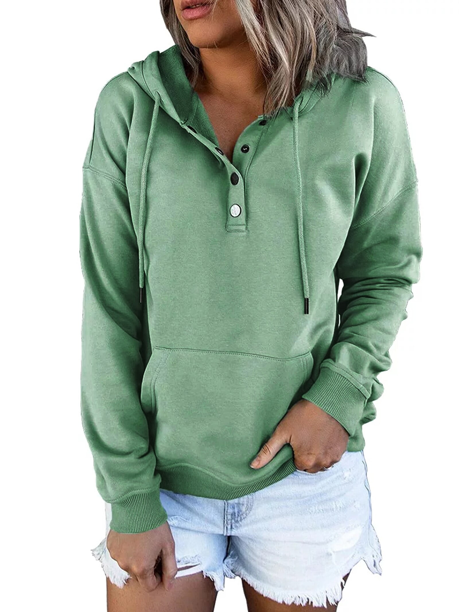 MOSHU Half Boutton Womens Hoodies Drawstring Hooded Sweatshirts for ...