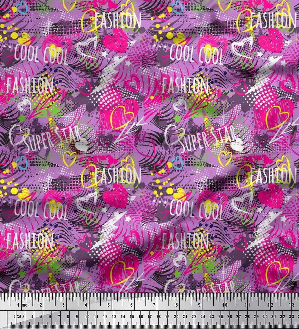 Soimoi Purple Crepe Silk Fabric Heart,Star & Fashion Text Print Fabric ...