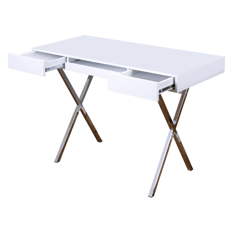 Sarai Home Office Workstation Computer Desk White Wood Top Chrome Metal Base with 2 Storage Drawers Pull Out Keyboard Contemporary